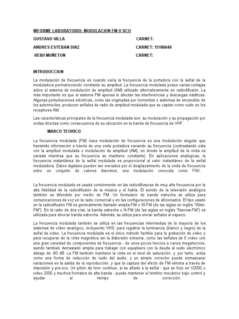 Informe Laboratorio 1 Pdf Modulación De Frecuencia Modulación