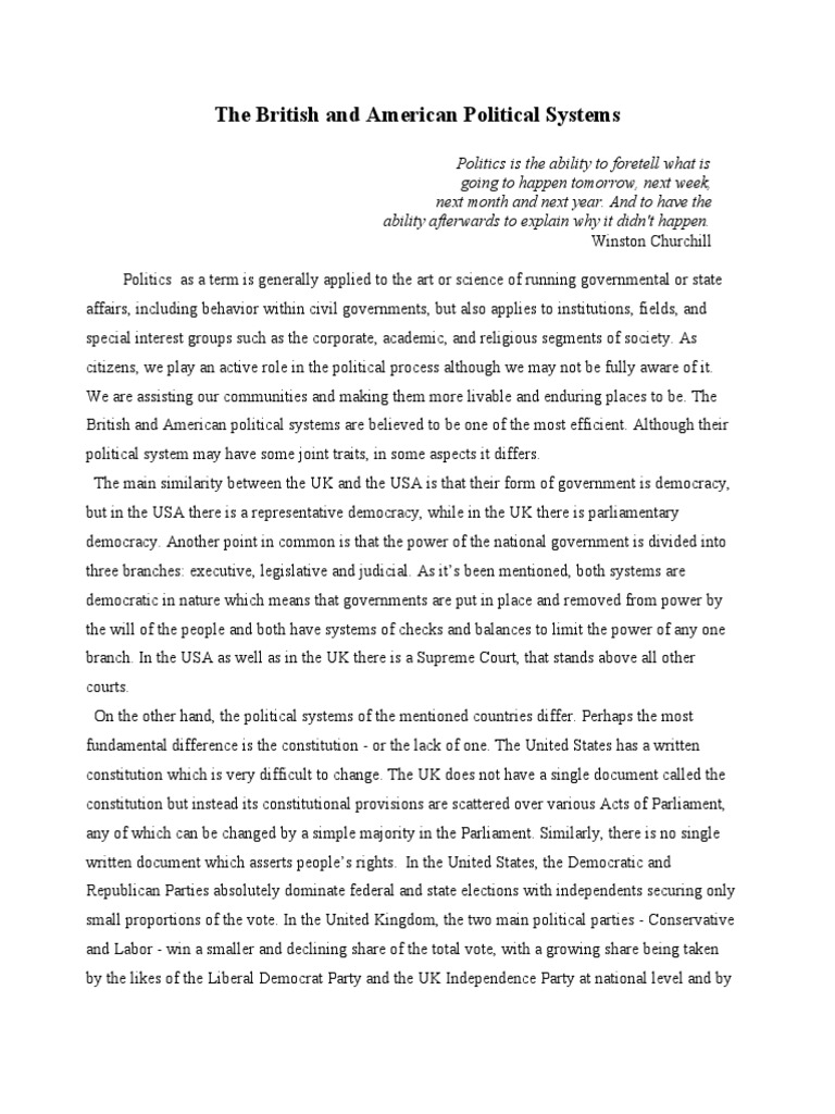 The British and American Political Systems | PDF | Separation Of Powers ...