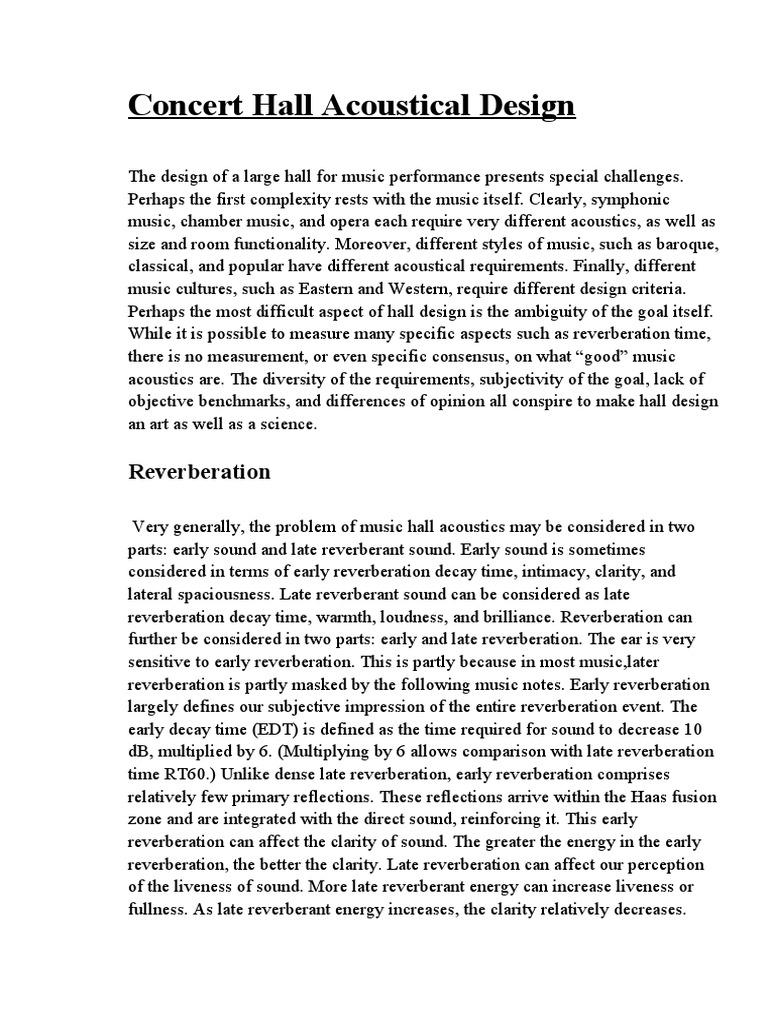 Concert Hall Acoustical Design: Reverberation | PDF | Sound | Qualia