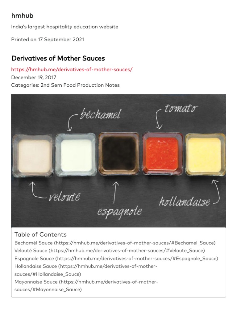Derivatives of Mother Sauces Explained | PDF | Cooking, Food & Wine