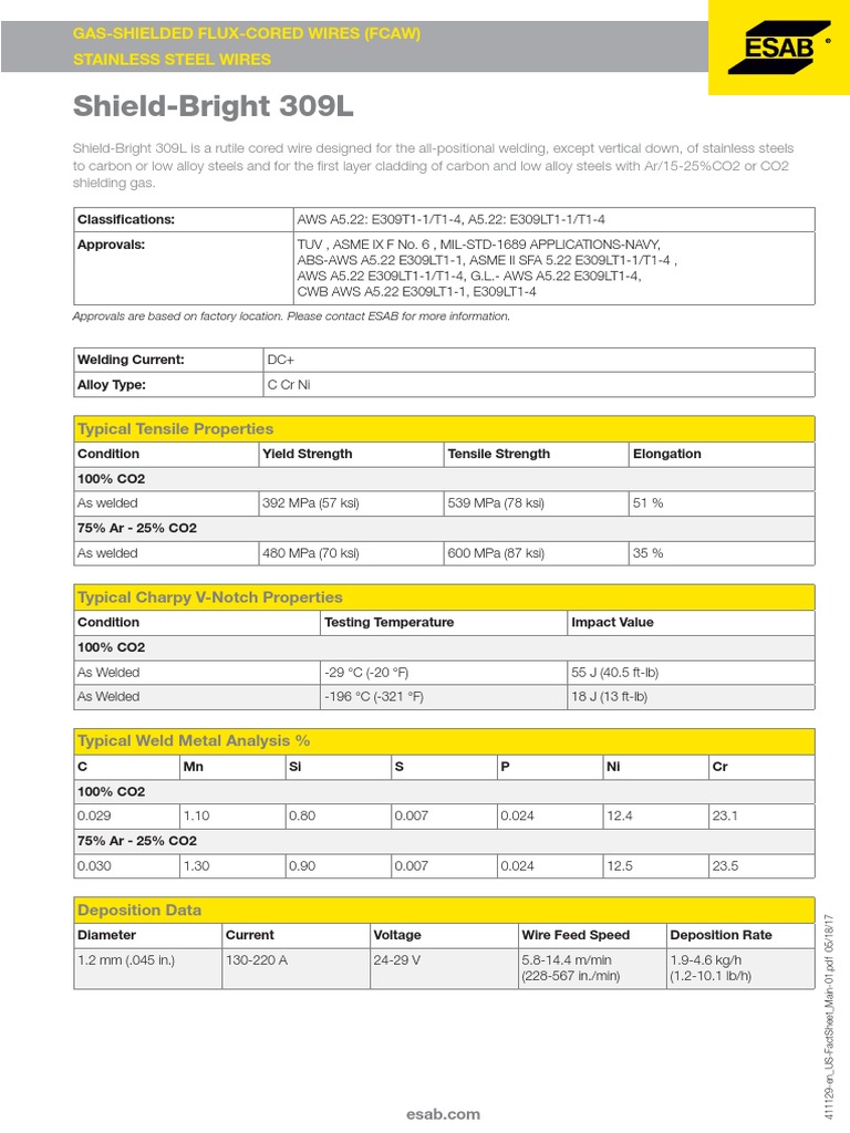 Shield Bright 309L-1 | PDF | Construction | Welding