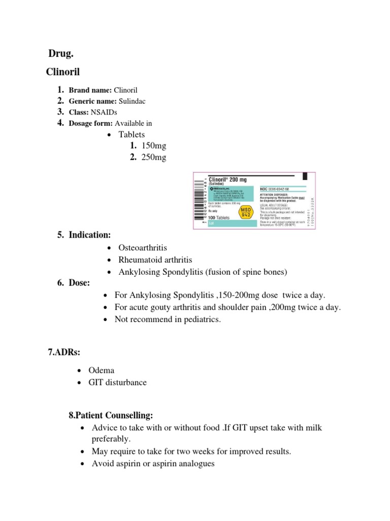 Drug. Clinoril: 1. 2. 3. 4. 1. 150mg 2. 250mg | PDF | Science ...