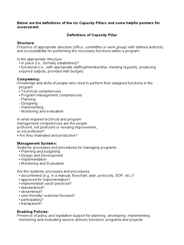 Below Are The Definitions of The Six Capacity Pillars and Some Helpful ...