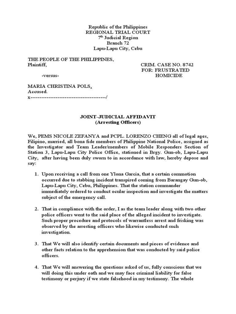 Joint Judicial Affidavit of Arresting Officers | PDF | Common Law ...