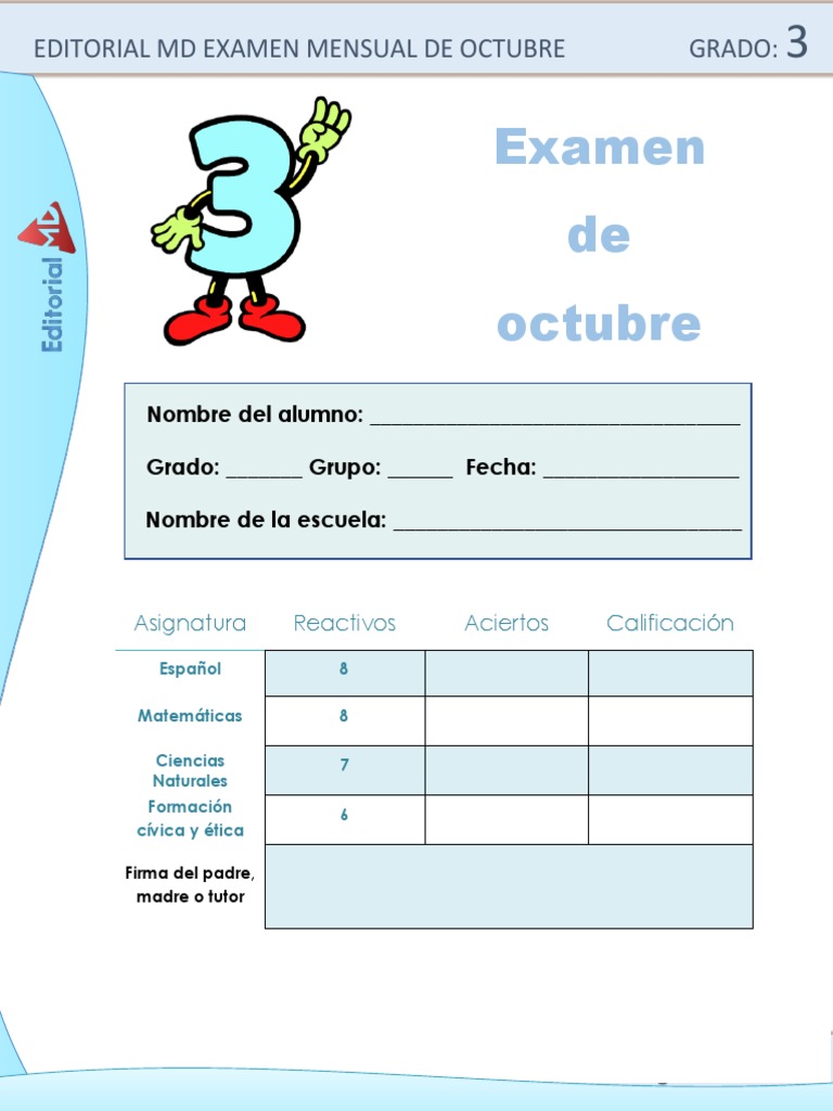 Examen Mensual de Octubre 3° Grado | PDF