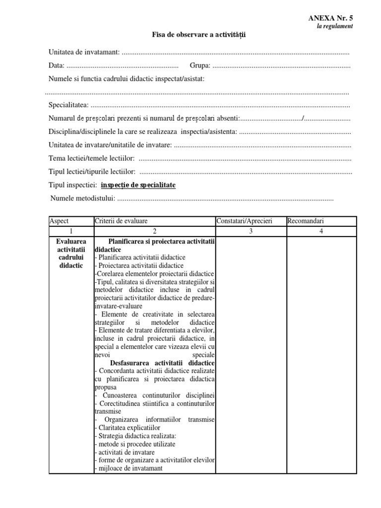 Fisa de Observare La Lectie Inspectie | PDF