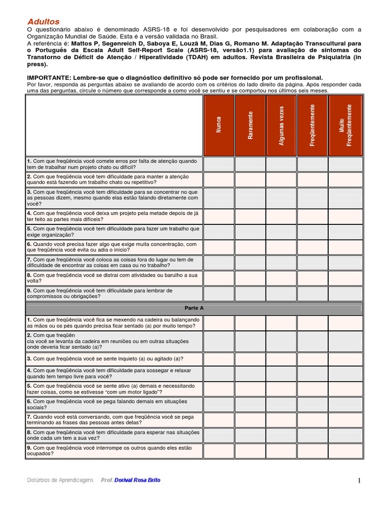 Teste - Adultos Hiperatividadade TDAH | PDF | Transtorno de déficit de ...