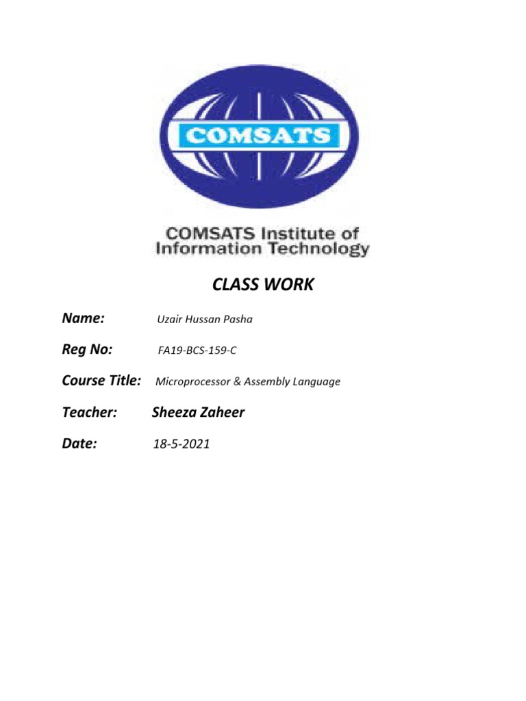 Class Work: Name: Reg No: Course Title: Teacher: Sheeza Zaheer Date | PDF