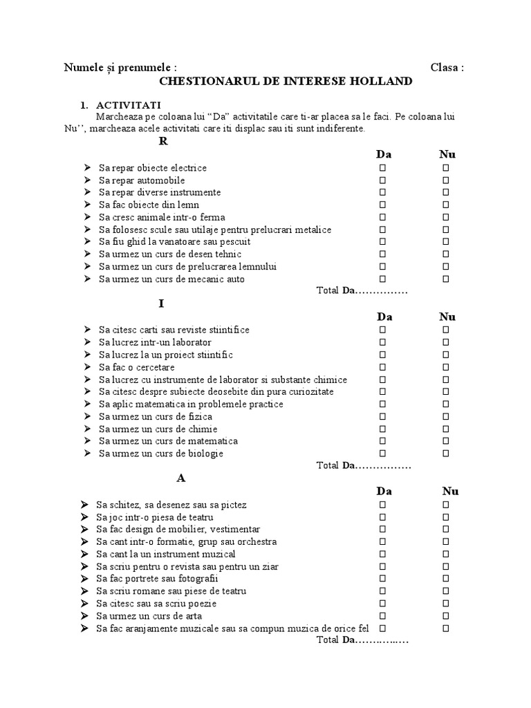 Chestionarul de Interese Holland | PDF
