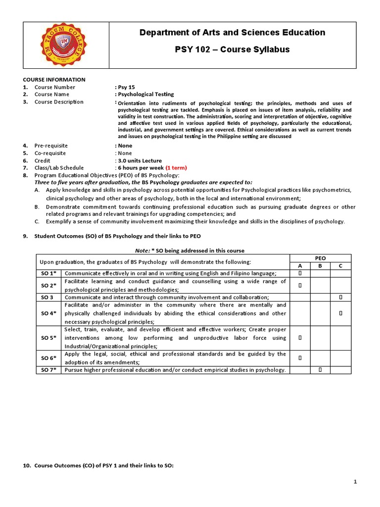 Department of Arts and Sciences Education PSY 102 - Course Syllabus ...