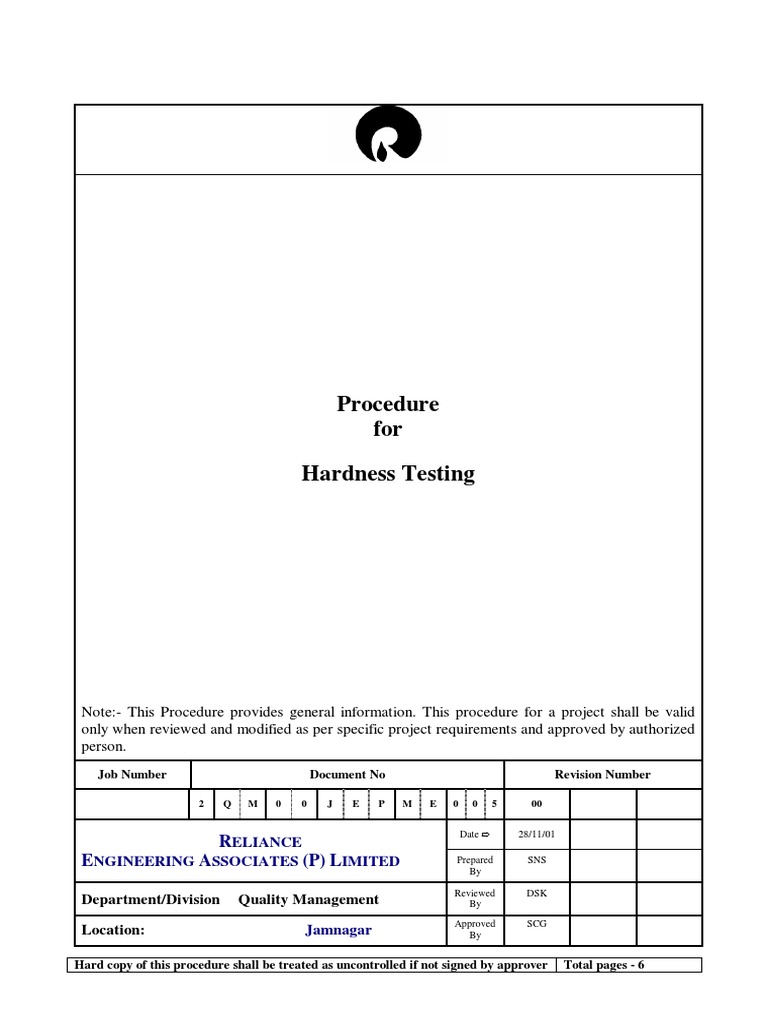 Hardness Testing Procedure | PDF | Hardness | Welding