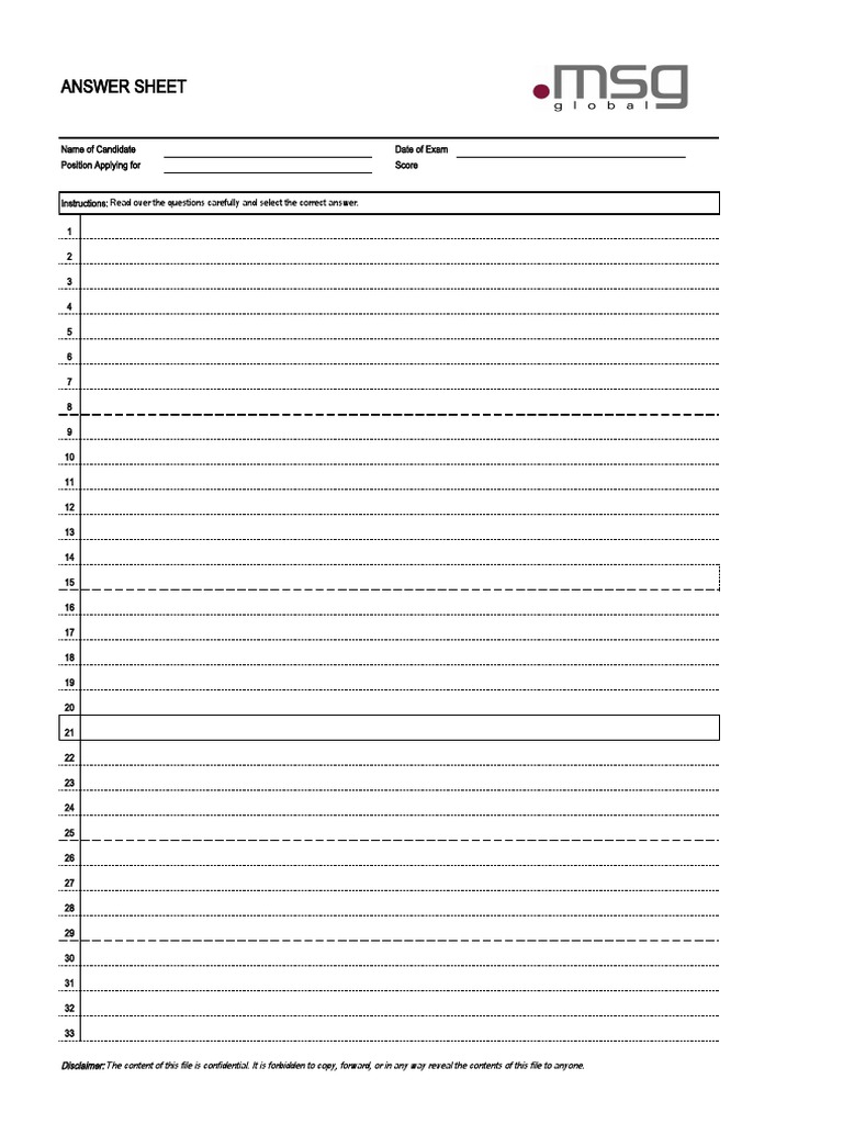 Standard Answer Sheet for Examination with Instructions and Disclaimer ...
