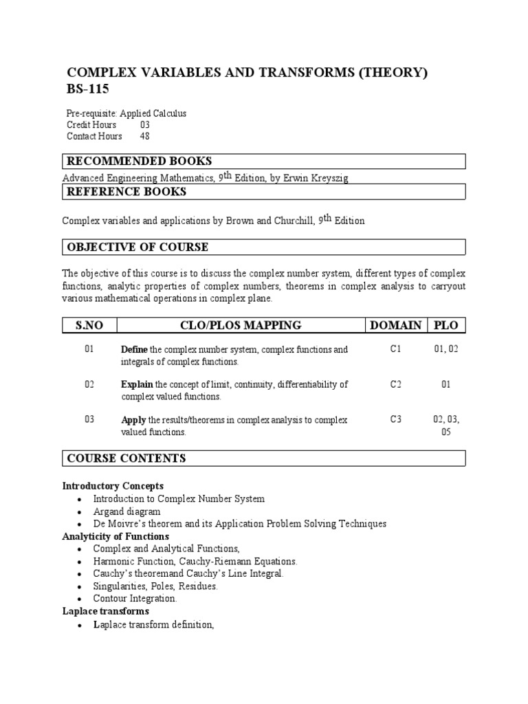 Complex Variables and Transforms (Theory) BS-115: Recommended Books Reference Books | PDF ...