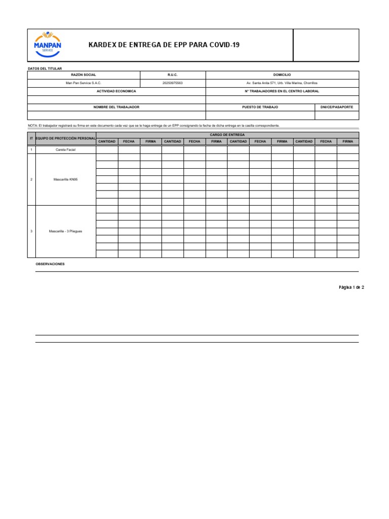 Kardex de Entrega de EPP para COVID 19 | PDF