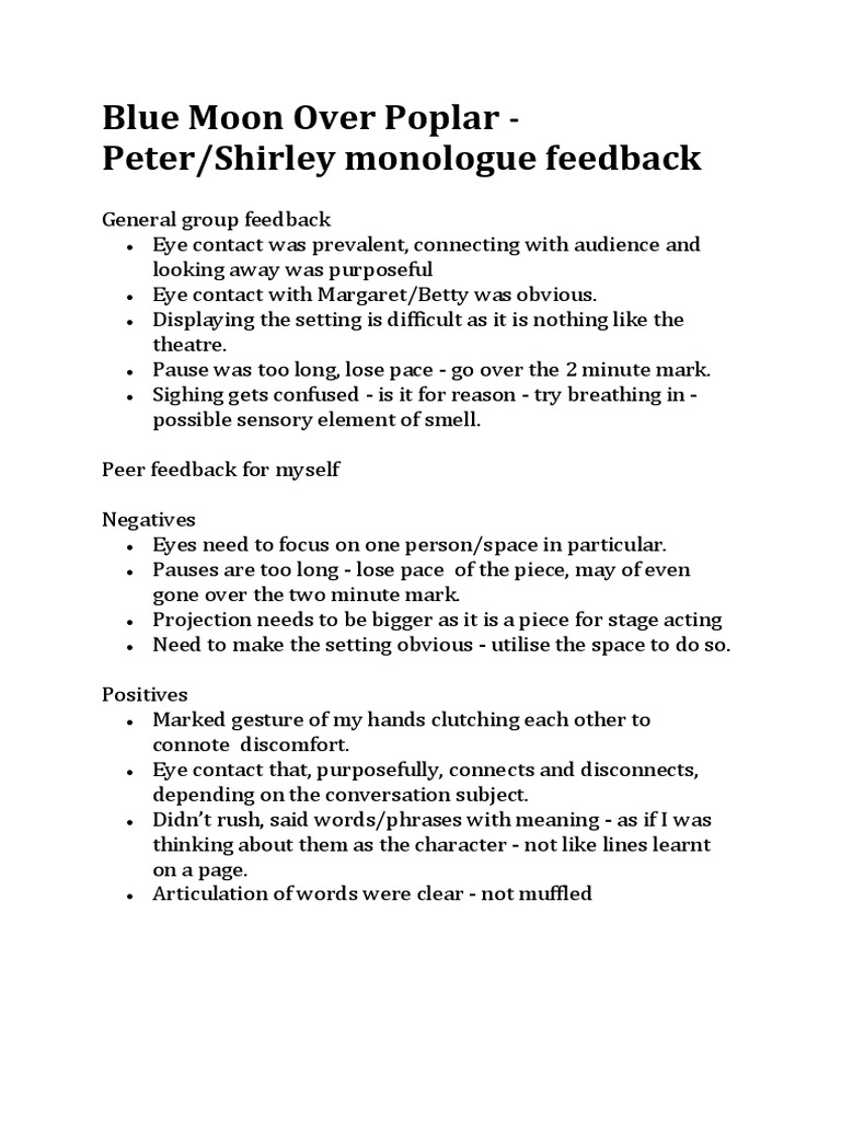 Blue Moon Over Poplar - Peter/Shirley Monologue Feedback | PDF
