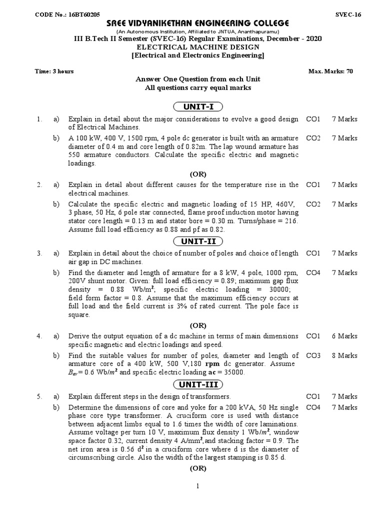 Electrical Machine Design Exam Guide | PDF | Transformer | Electric Motor