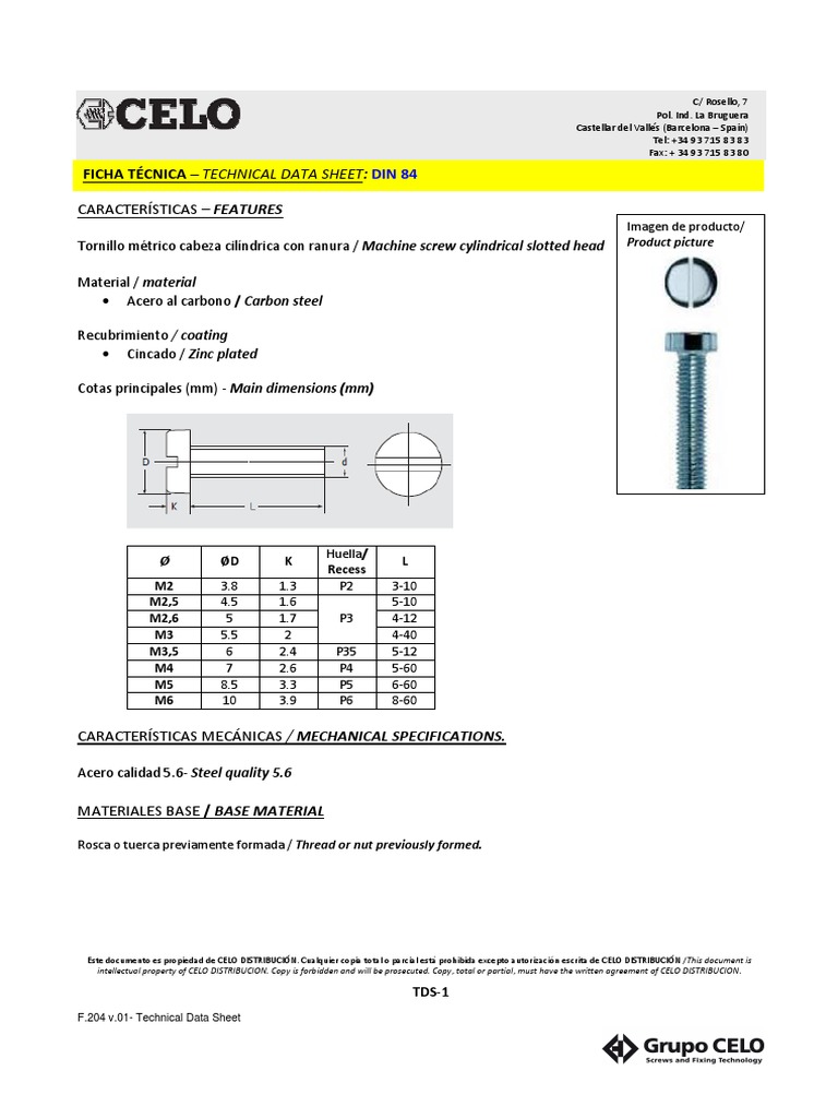 Tornillo Cabeza Cilindrica Con Ranura Din 84 | PDF | Mecanizado | Materiales de construcción