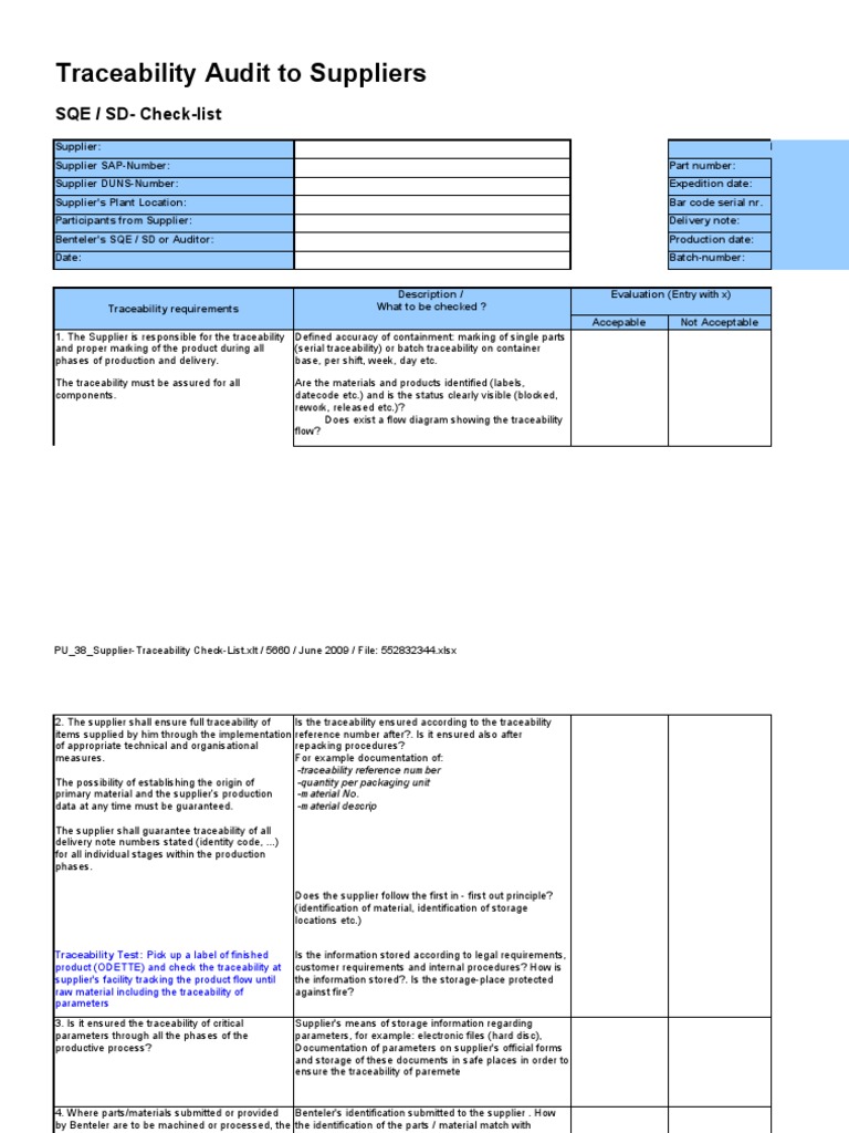 Traceability Audit To Suppliers: SQE / SD-Check-list | PDF | Audit ...
