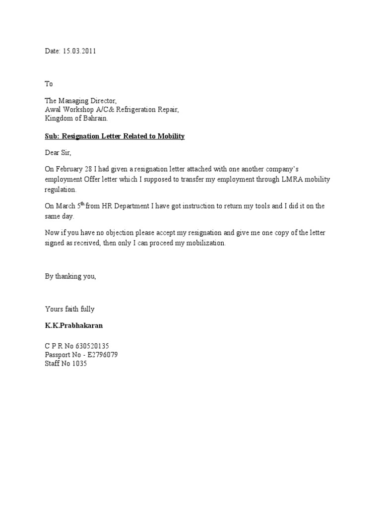 Resignation Letter for Employment Mobility | PDF