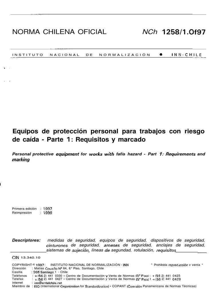 NCH 1258 (1) .1 Of97 Equipos Protección Personal Parte 1 | PDF | Cinturón de seguridad | Acero