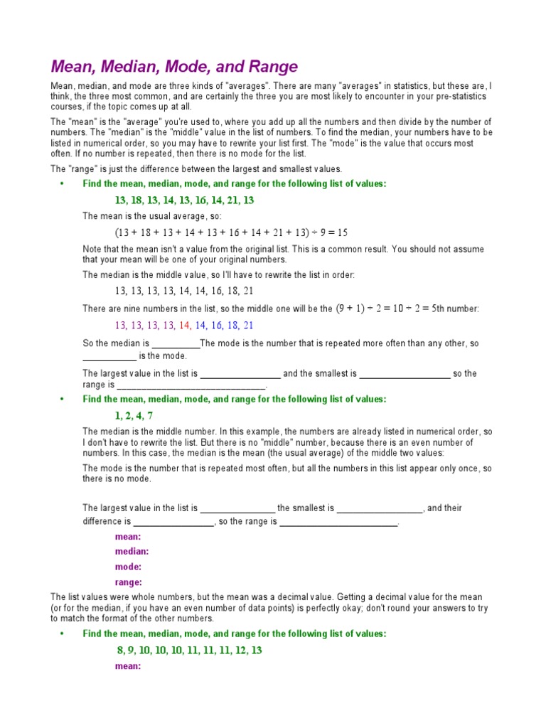 Find The Mean, Median, Mode, and Range For The Following List of Values ...
