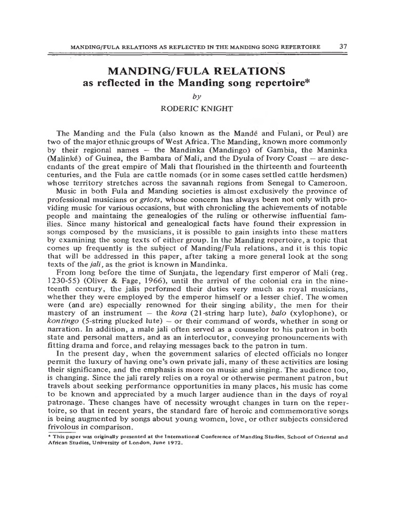 Manding/Fula Relations As Reflected in The Manding Song Repertoire ...