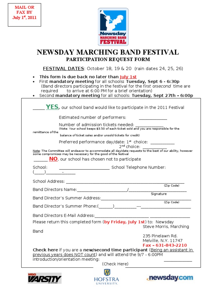 2011 Marching Band Festival Participation Request Form | PDF ...