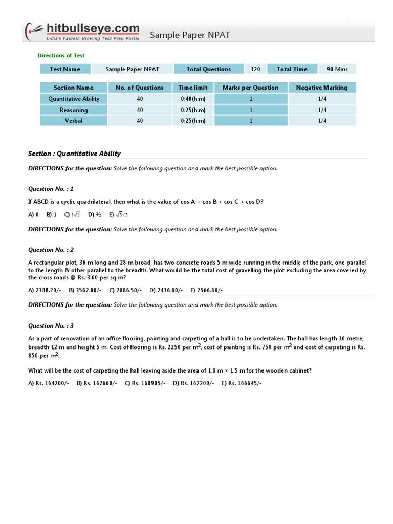 Sample Paper NPAT: Section: Quantitative Ability | PDF | Interest | Mean