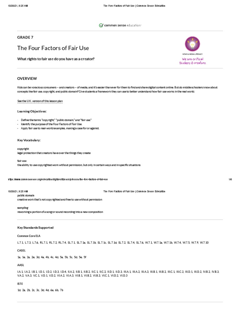 The Four Factors of Fair Use Common Sense Education | PDF | Fair Use ...
