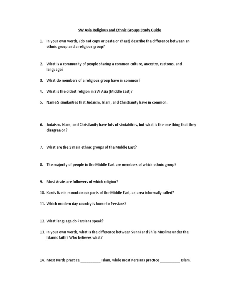SW Asia Religious and Ethnic Groups Study Guide | PDF