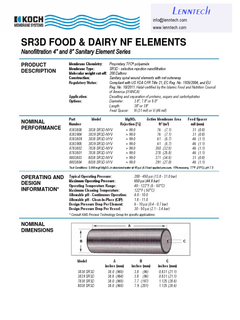 Koch SR3D Food Dairy Elements L | PDF | Membrane | Chemical Engineering