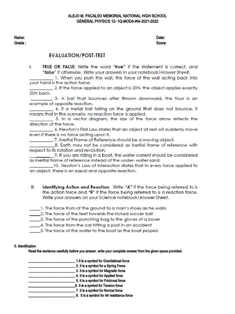 Gen Phy 12 1q 4 Mod 4 2021 22 ANSWER SHEET | PDF