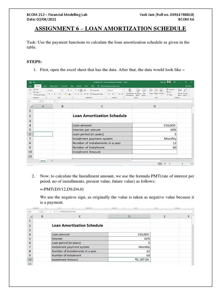 Assignment 6 - Loan Amortization Schedule: Steps | PDF