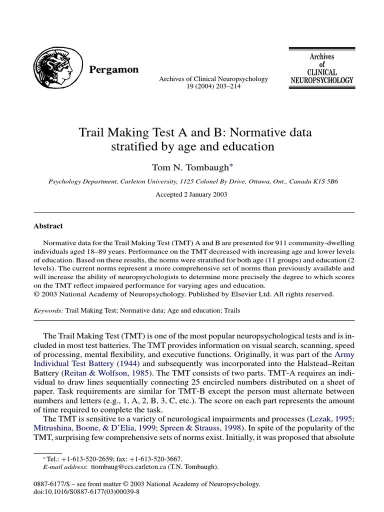 Trail Making Test A and B Normative Data | PDF | Psychology | Cognition