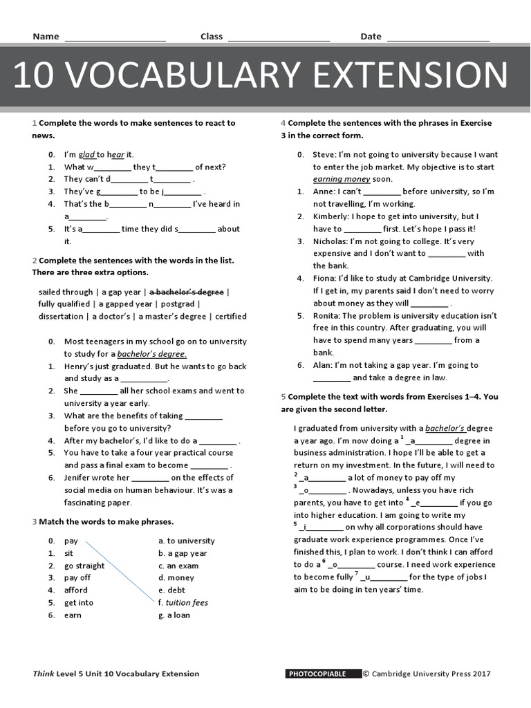 L5 Unit 10 Vocabulary Extension | PDF | Academic Degree | Postgraduate ...