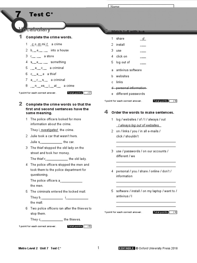 Metro Level 2 Unit 7 Test C One Star | PDF | Linguistics