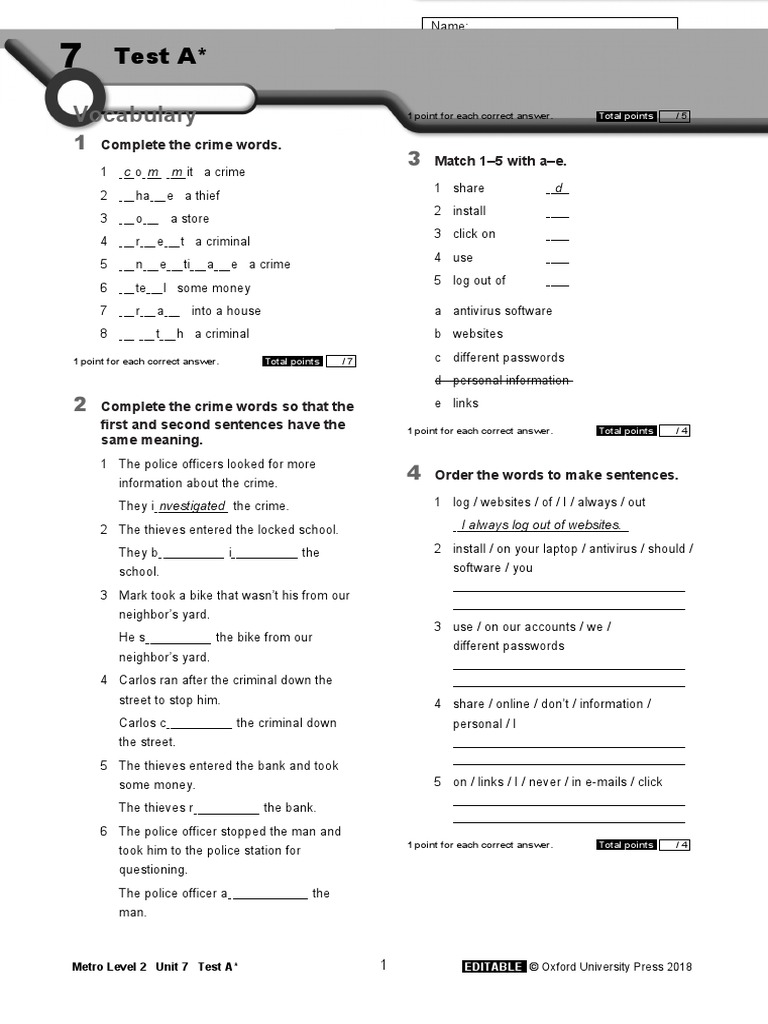 Metro Level 2 Unit 7 Test A One Star | PDF | Linguistics