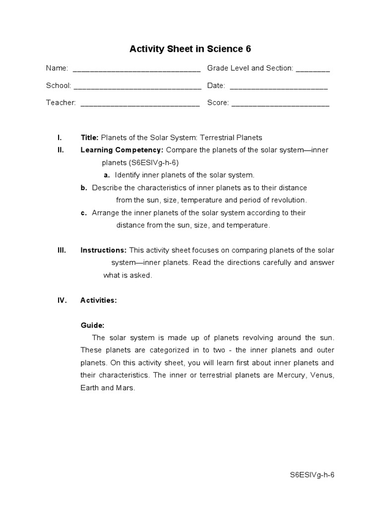 Science Learning Activity Sheets | PDF | Solar System | Planets