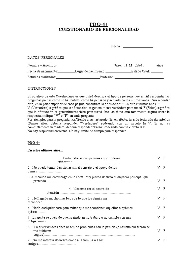 Test PDQ-4 (Cuestionario) | PDF | Cuestionario | Sicología