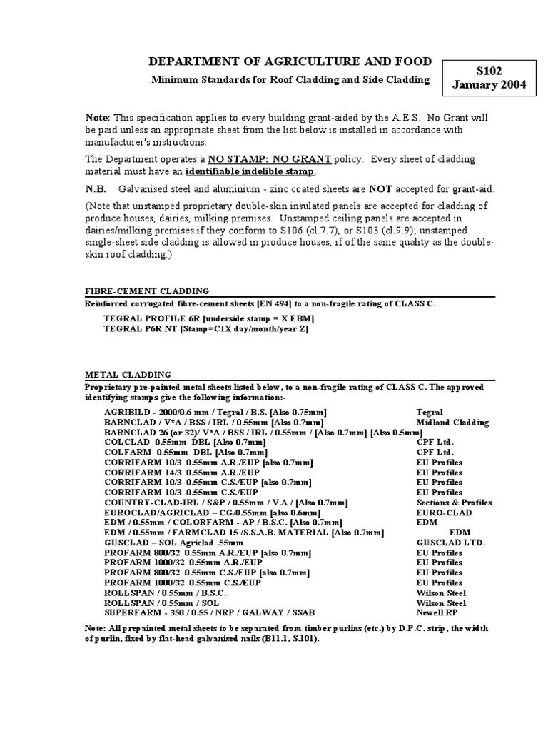 S102 2004 Minimum Standards For Roof Cladding and Side Cladding | PDF ... S102 2004 Minimum Standards For Roof Cladding and Side Cladding | PDF ...