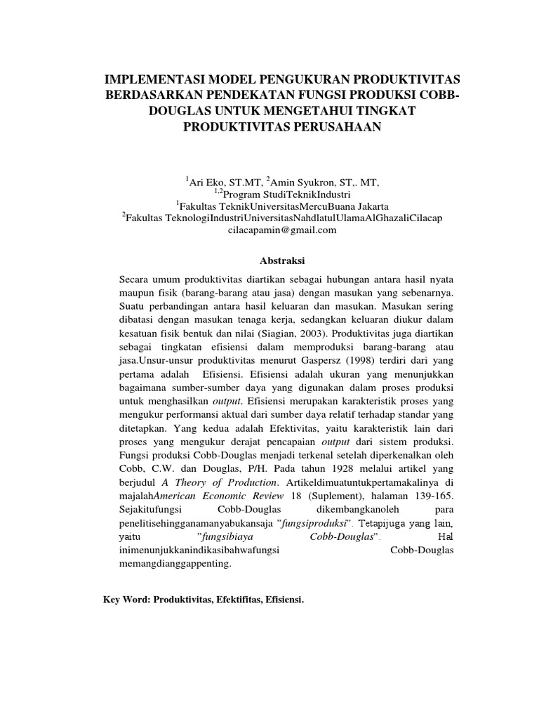 Implementasi Model Pengukuran Produktivitas Berdasarkan Pendekatan Fungsi Produksi Cobb-Douglas ...