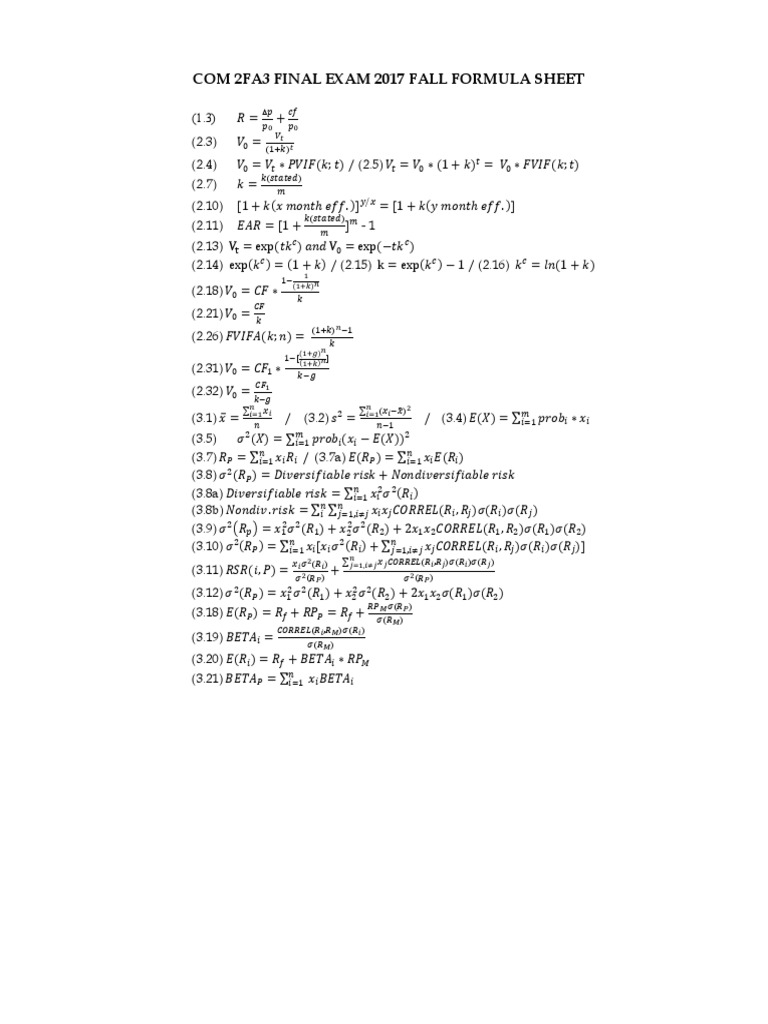 COM 2FA3 2017 Fall Exam Formula Sheet | PDF