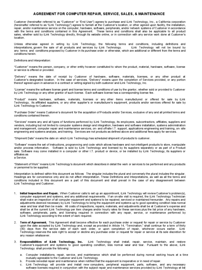 Agreement For Computer Repair, Service, Sales, & Maintenance | PDF ...