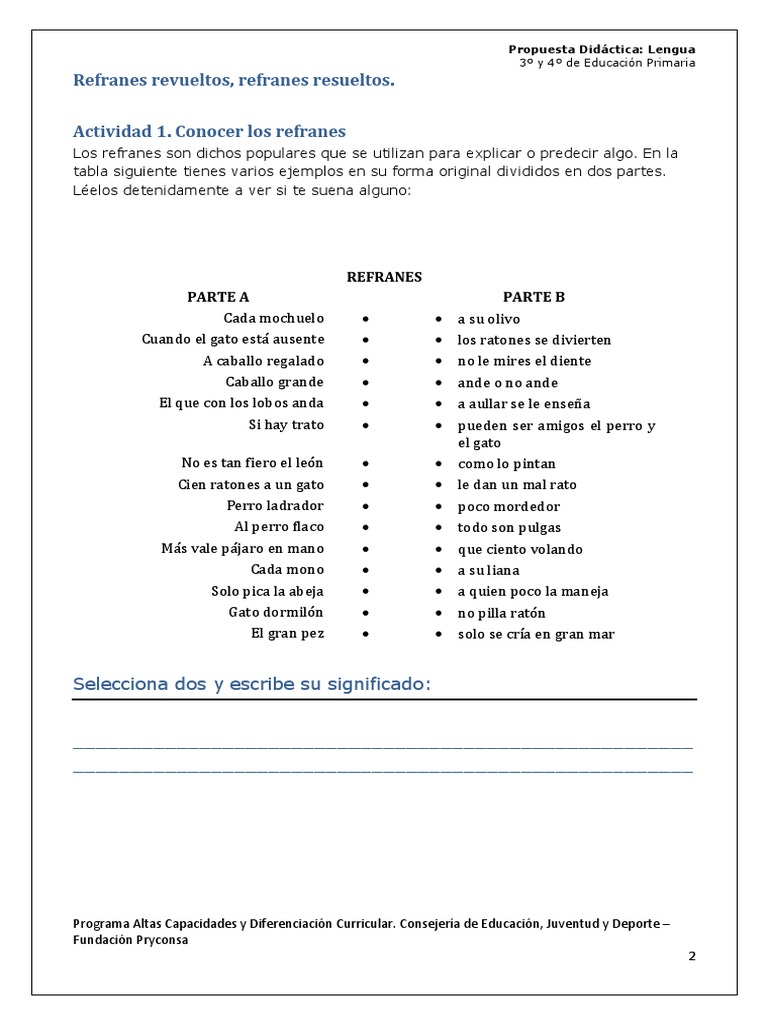 Refranes Revueltos Refranes Resueltos para ALUMNOS 1 Removed | PDF