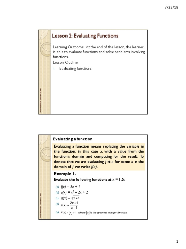 Lesson 2: Evaluating Functions Lesson 2: Evaluating Functions | PDF | Function (Mathematics ...