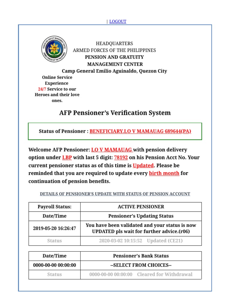 AFP Pensioner's Verification System: Headquarters Armed Forces of The ...