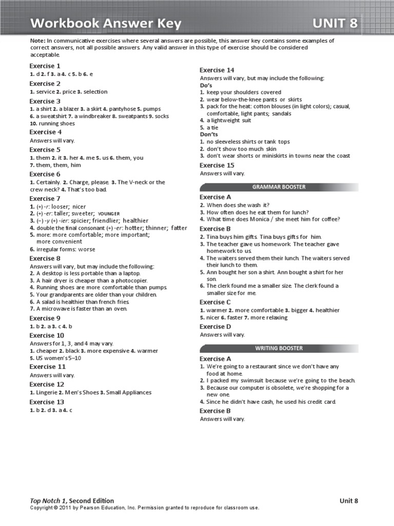 Workbook Answer Key Unit 8 Acbeu | PDF | Clothing | Softlines (Retail)