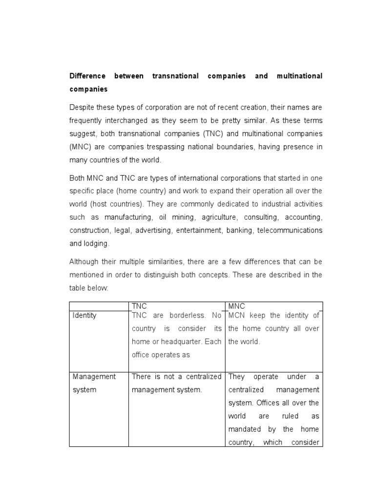 Difference Between Transnational Companies and Multinational Companies | PDF | Multinational ...