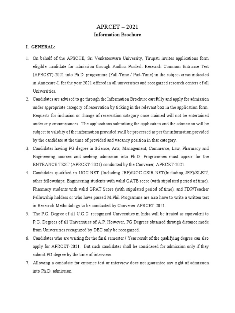 APRCET 2021 Admission Guidelines | PDF | University And College ...