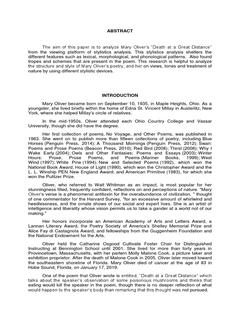 Analyzing Mary Oliver's "Death at a Great Distance" | PDF | Word | Poetry